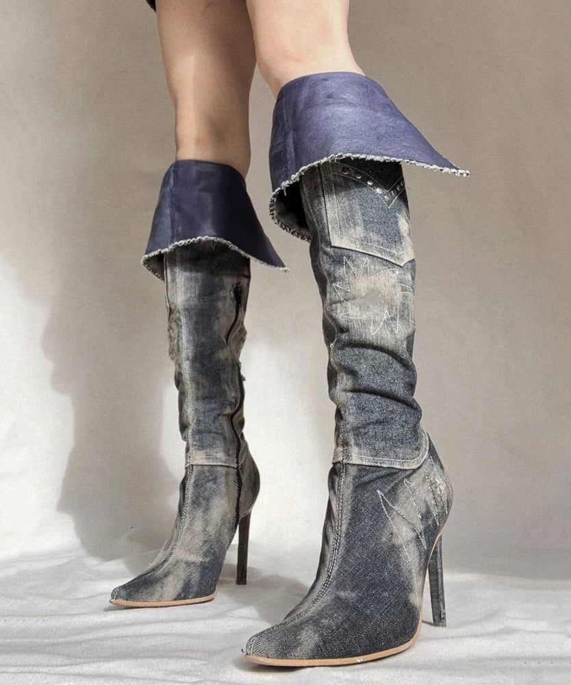 American Style Spicy Girl Pointed Denim Knee High Boots OM021 ...