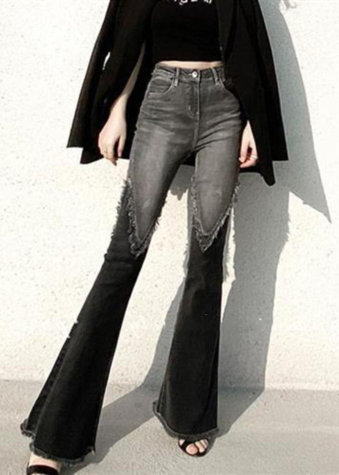 Fitted Black Tasseled Patchwork Denim Flare Bottom Spring YF033 ...