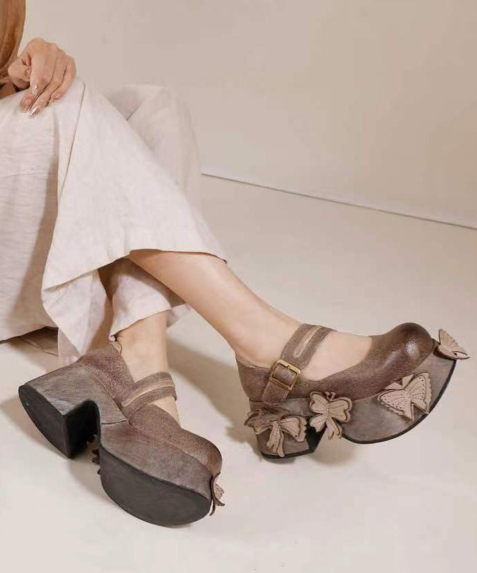 Retro Grey Butterfly Splicing Buckle Strap Platform Heels CZ1007 ...